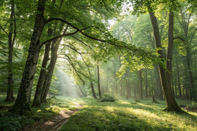 Peaceful Sunlit Forest with Green Trees and Pathway during Early ...
