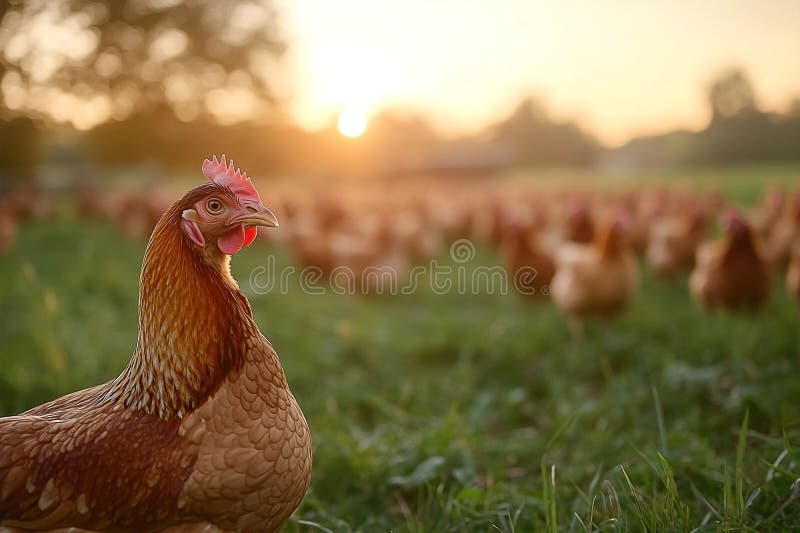 Free-Range Chickens on a Farm at Sunset Stock Illustration ...