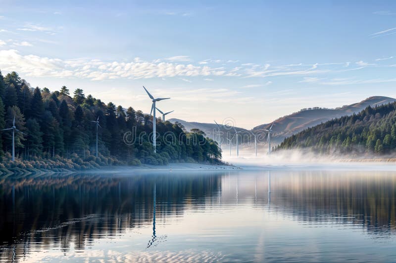 Reflective Lake & Wind Turbines: Tranquil Mountain Scene, Generative Ai ...