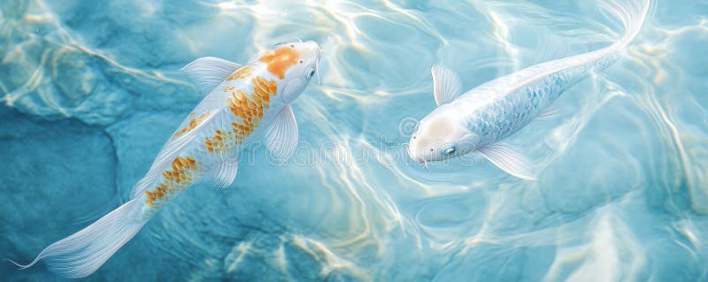 Two Elegant Light Blue Koi Fish with Gold and White Patterns Swimming ...