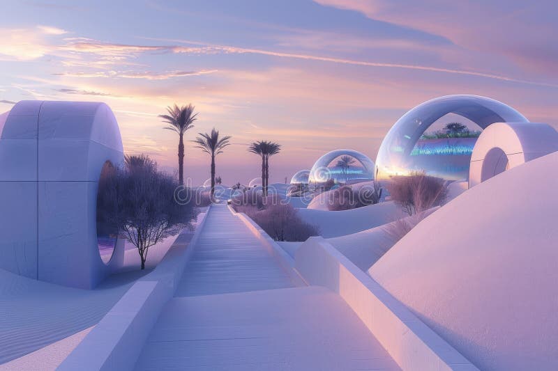 Futuristic Desert Oasis at Twilight Stock Photo - Image of sunset ...