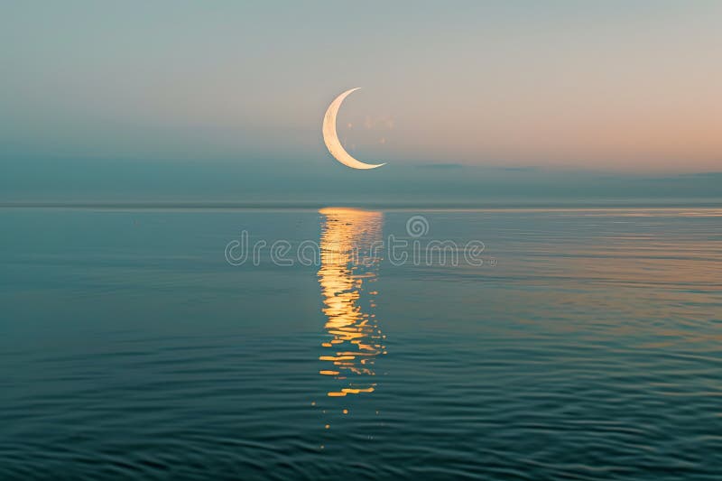 Crescent Moon Over Calm Ocean Waters at Sunset Reflection Stock ...