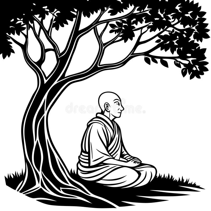 Meditating Monk Under Tree with Leaves Peaceful Spiritual Vector Design ...