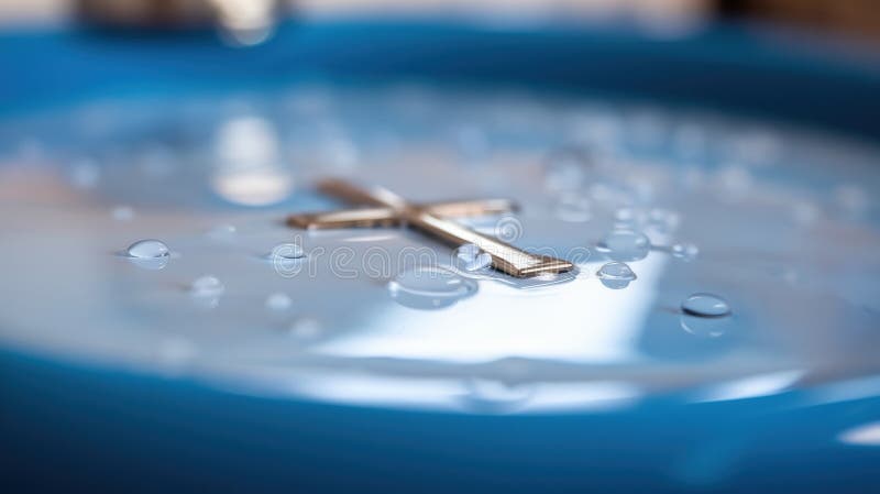 A Silver Cross Reflected in Calm Water Droplets on a Blue Surface ...