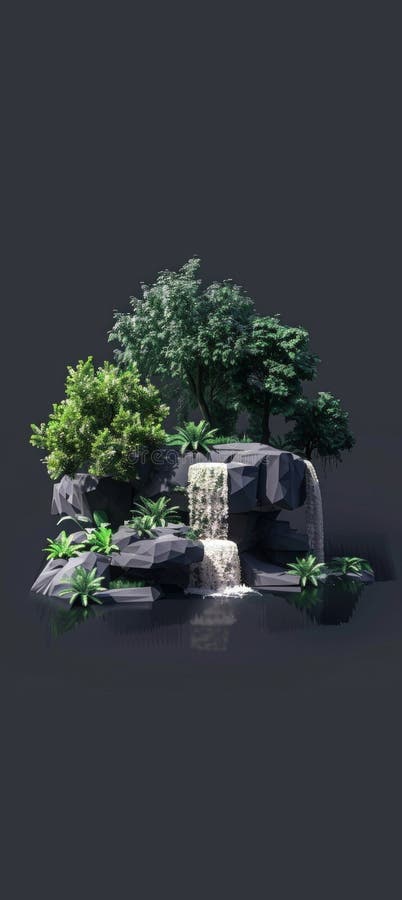 Serene Image Featuring a Low-poly Waterfall Cascading Down Rocky Cliffs ...