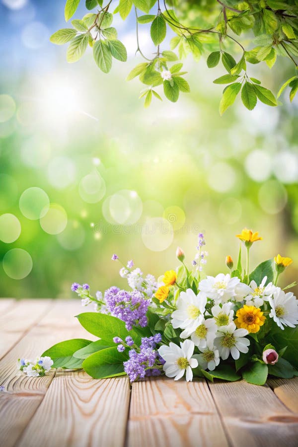 Spring Flowers, Green Leaves, Bokeh Light and White Empty Wooden Table ...