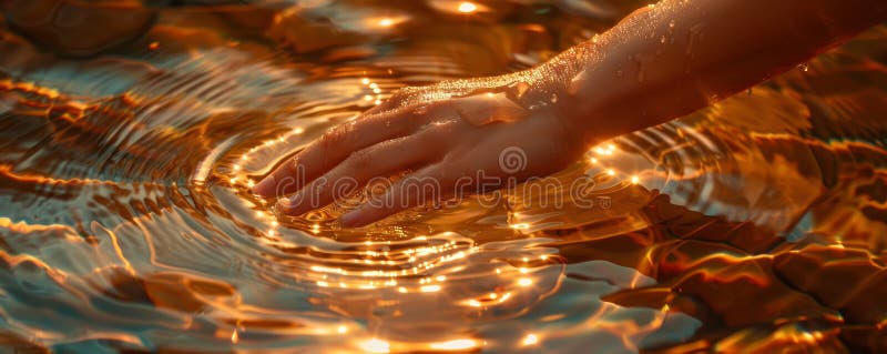 A Tranquil Moment Hand Touching Rippling Water Creating Sparkling ...