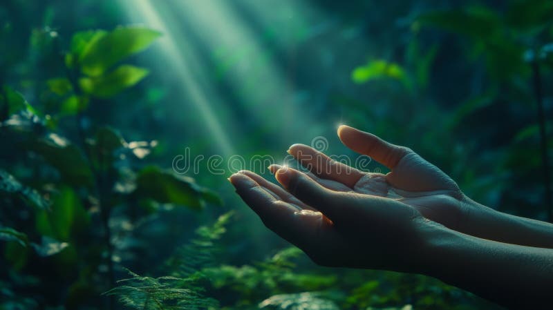 Hands in Mudra Position Resting in Nature with Light Rays Stock Photo ...