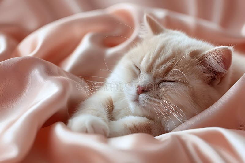 Adorable Sleeping Cat in Soft Pink Satin Bedding Cozy Pet Concept for ...