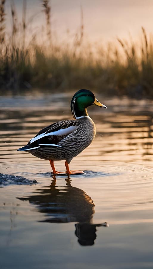 A Serene Image of a Mallard Duck Standing in Calm Water during Sunset ...