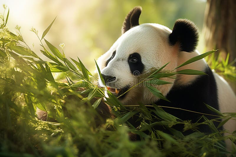 A Tranquil Panda Munching on Bamboo in a Warm, Sunlight-filled Forest ...