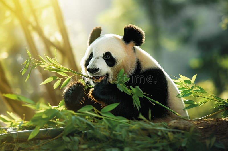 A Tranquil Panda Munching on Bamboo in a Warm, Sunlight-filled Forest ...