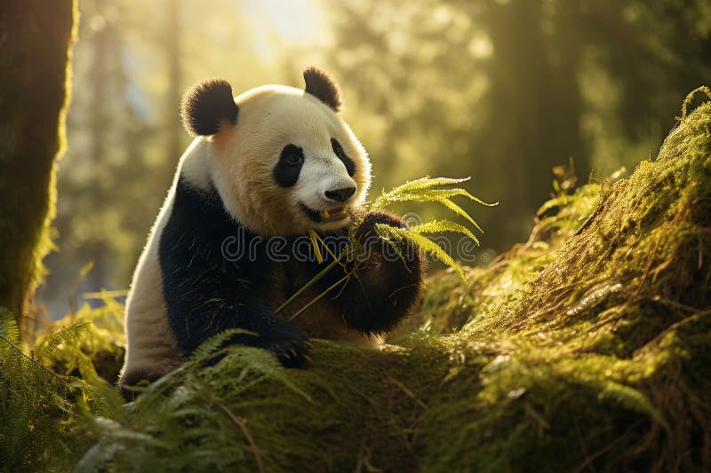 Tranquil Panda Munching on Fresh Bamboo in Lush Forest Stock ...
