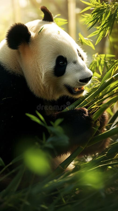 A Tranquil Panda Munching on Bamboo in a Warm, Sunlight-filled Forest ...