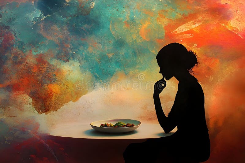 Person Sitting in Front of a Plate with Floating Thoughts Representing ...