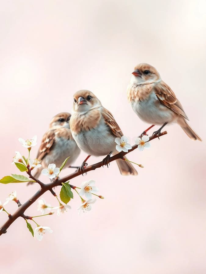 Sparrows on Blooming Lilac Branch with Beautiful Flowers in Spring ...