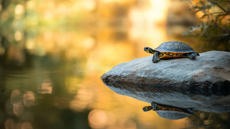 Serene Image of a Tranquil Turtle Resting on a Rock Surrounded by ...