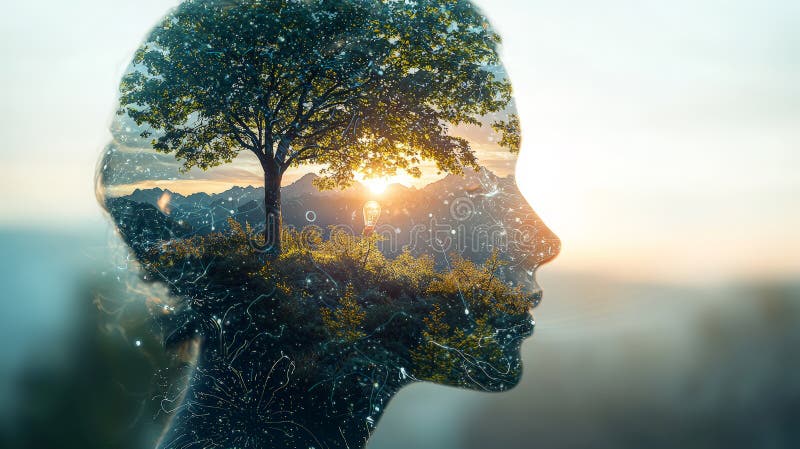 A Serene and Imaginative Depiction of a Human Head in Profile, Filled ...