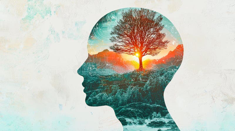 A Serene and Imaginative Depiction of a Human Head in Profile, Filled ...