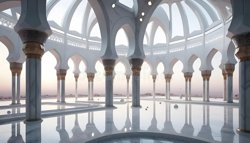Serene Indoor Architectural Design with Columns Arches and Water ...