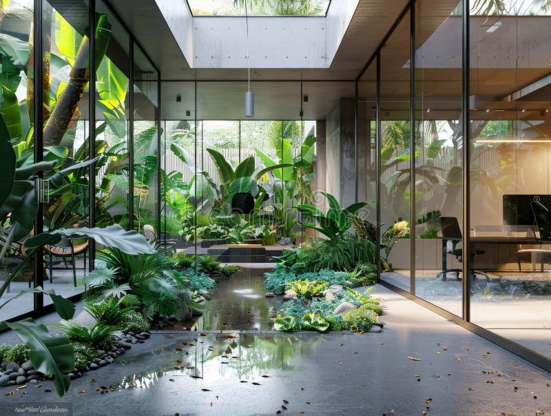 Serene Indoor Garden in Modern Office Building Stock Illustration ...