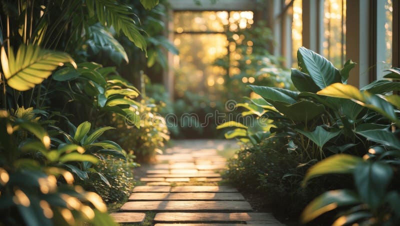 Serene Indoor Garden Pathway with Lush Green Plants and Sunlight Stock ...