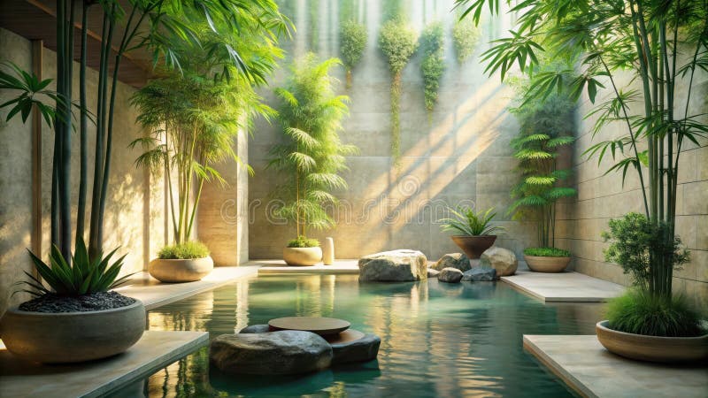 Serene Indoor Oasis Tranquil Water Feature Surrounded by Lush Greenery and Natural Stone ...