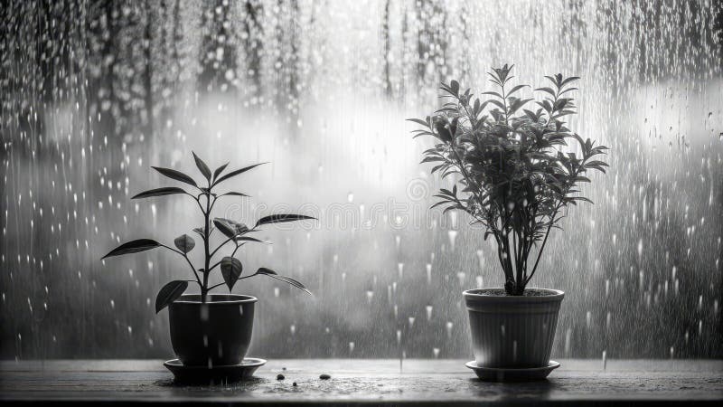 Serene Indoor Plants Displayed on a Windowsill, Viewed Against a Backdrop of Falling Rain, a ...