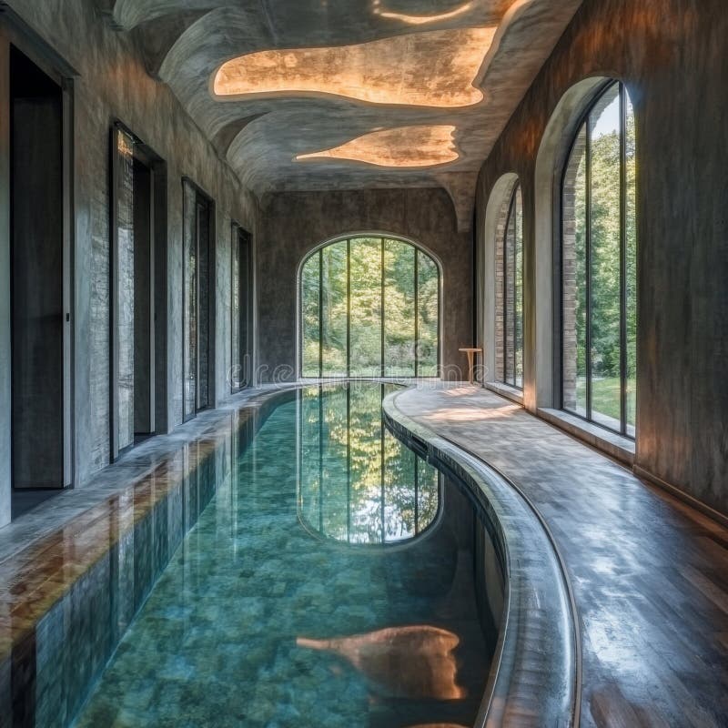 Serene Indoor Pool with Curved Design and Illuminated Ceiling in ...