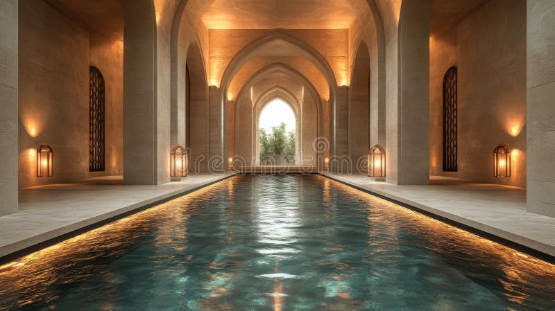 Serene Indoor Pool in a Grand Arched Hall Stock Illustration ...
