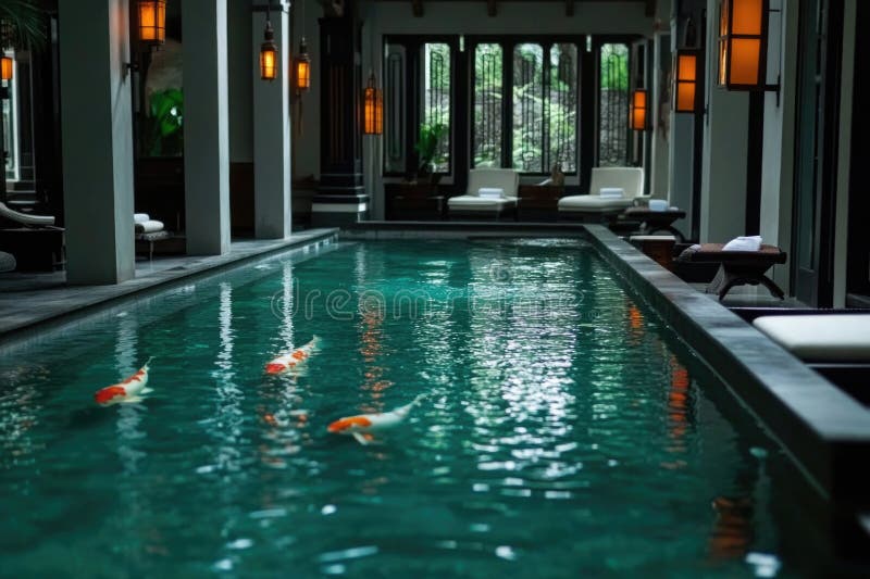 Serene Indoor Pool with Koi Fish in Luxurious Asian-inspired Spa ...