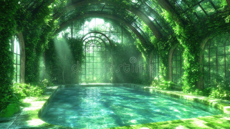 Serene Indoor Pool with Lush Greenery and Sunlit Glass Atrium Stock ...