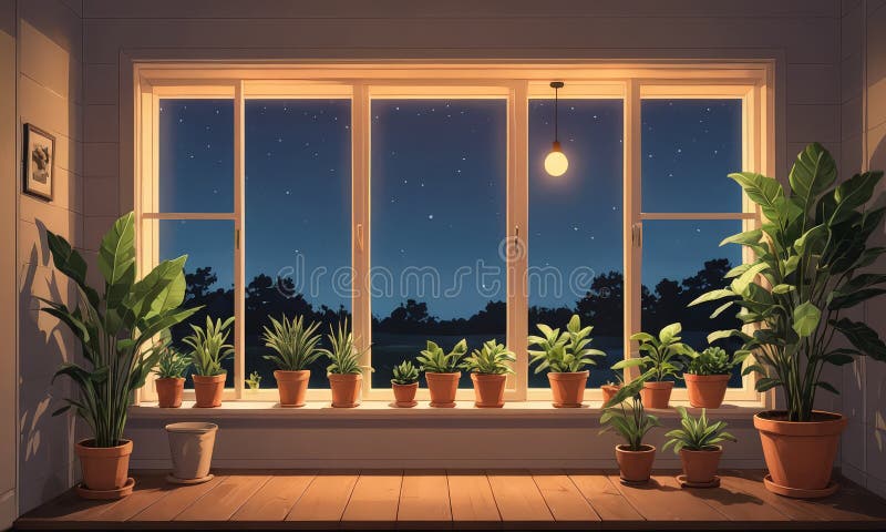 Serene Indoor Scene Features Large Window with View Starry Night Sky ...