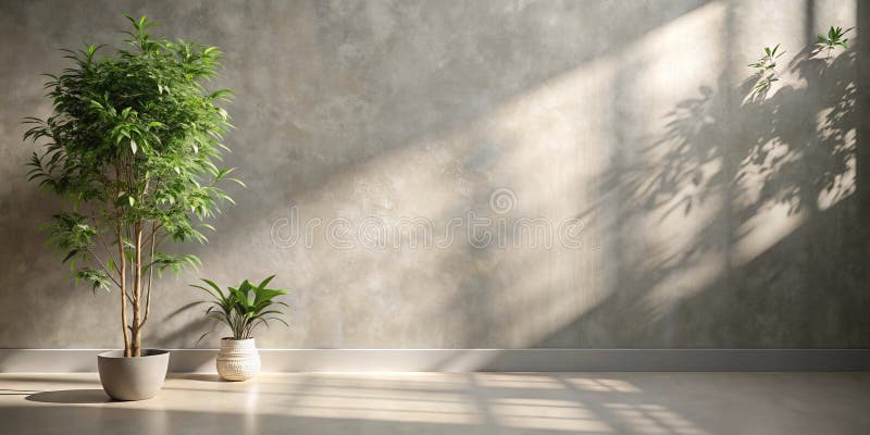 Serene Indoor Scene with Plants and Sunlight on Textured Wall ...