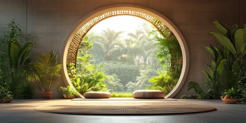 Serene Indoor Space with Circular Window Showcasing Lush Greenery and ...