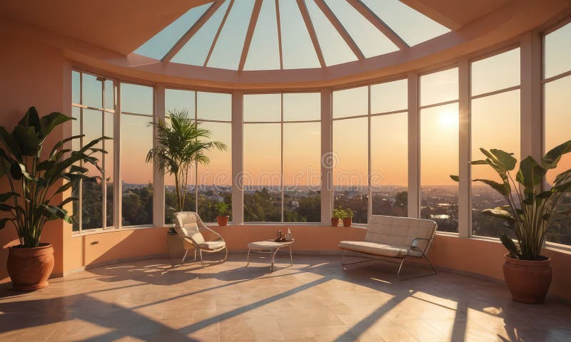 Serene Indoor Space with Curved Ceiling, Large Windows, and Panoramic ...