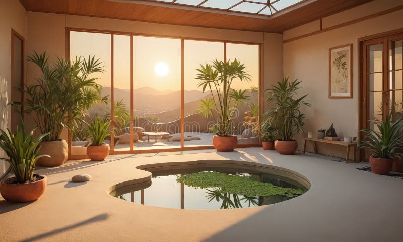 Serene Indoor Space Features Circular Pool with Small Waterfall ...