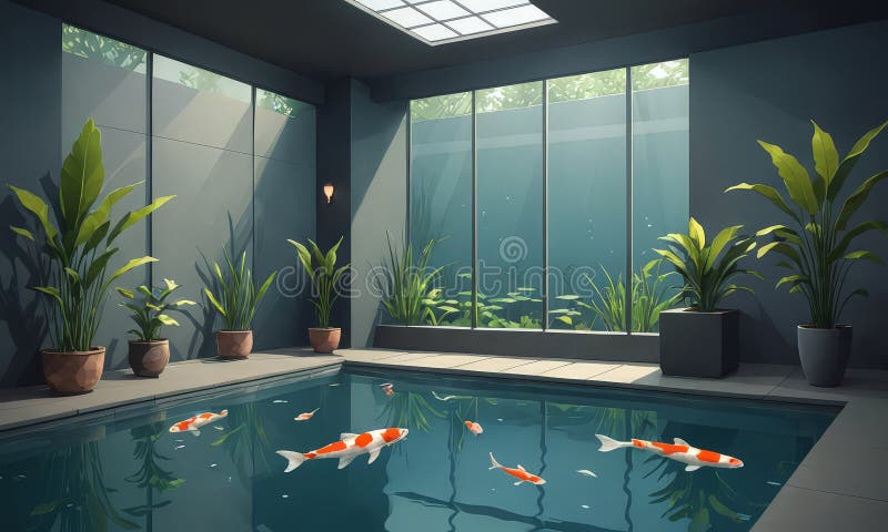 Serene Indoor Space Features Rectangular Pool with Koi Fish Swimming ...