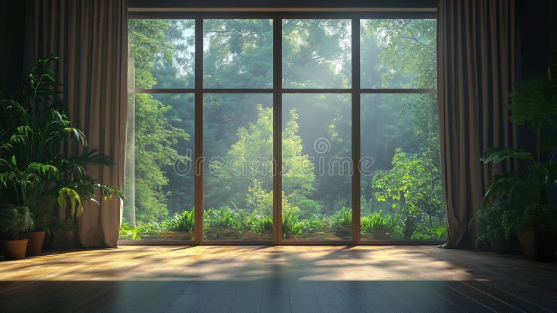 Serene Indoor Space with Large Windows Showcasing Lush Green Forest ...