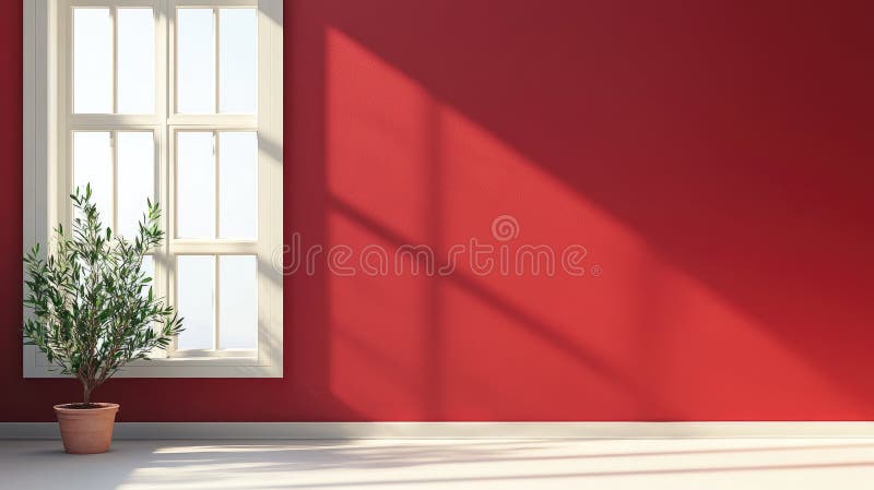 A Serene Indoor Space with a Red Studio Background and Sunlight Casting ...