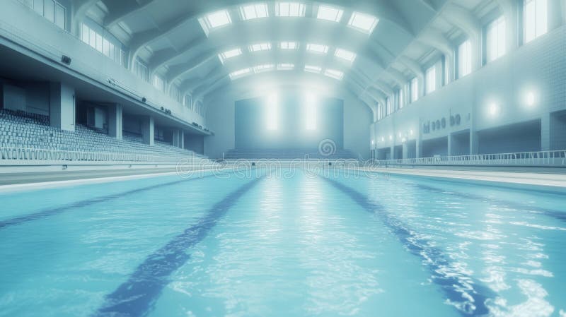Serene Indoor Swimming Pool with Sunlit Windows and Empty Bleachers ...