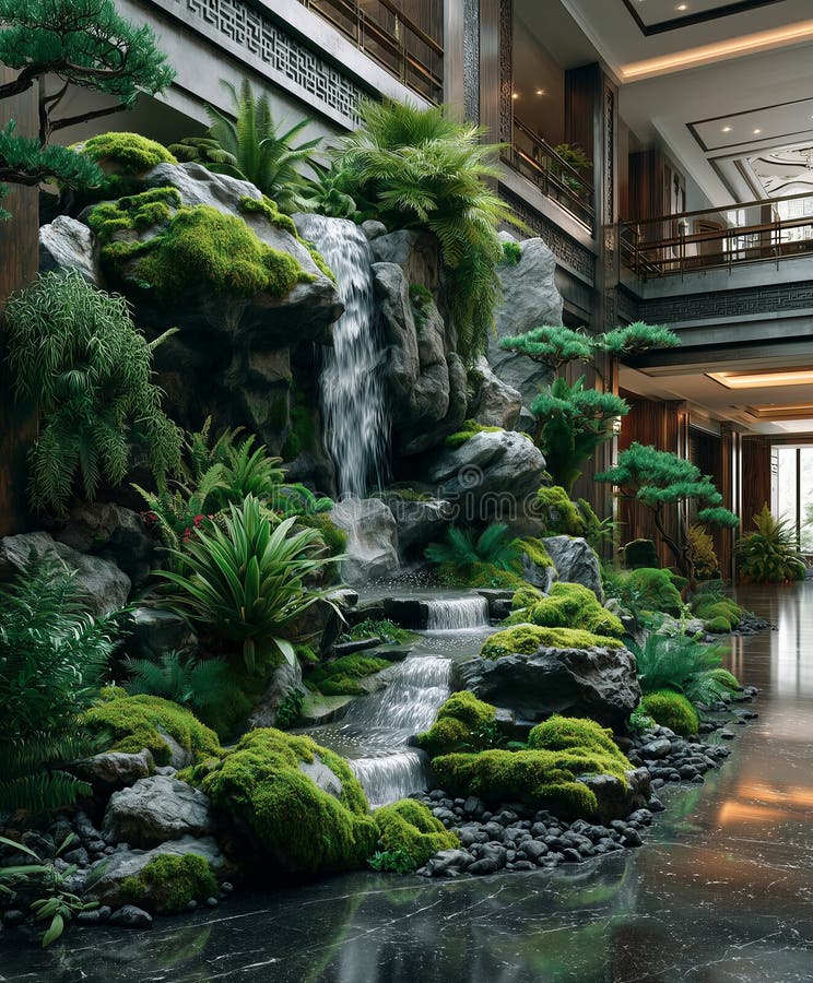 Serene Indoor Waterfall in Chinese Theme, Surrounded by Lush Greenery ...