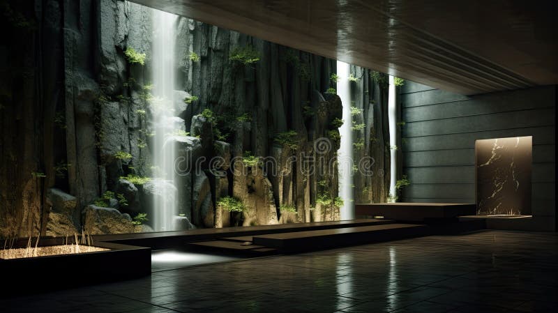 Serene Indoor Waterfall – Modern Architectural Elegance Stock ... Serene Indoor Waterfall – Modern Architectural Elegance Stock ...