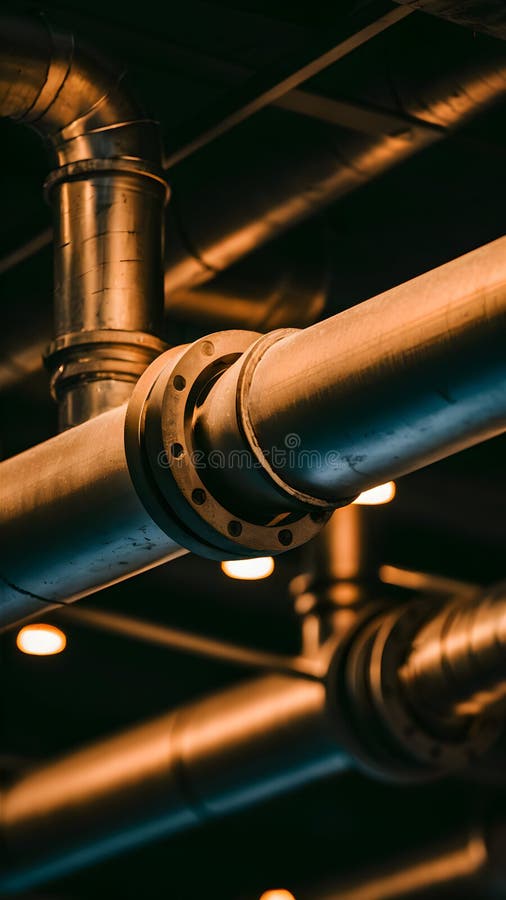 Metallic Pipes Glowing with Warm Orange Light in a Dim Industrial Scene ...