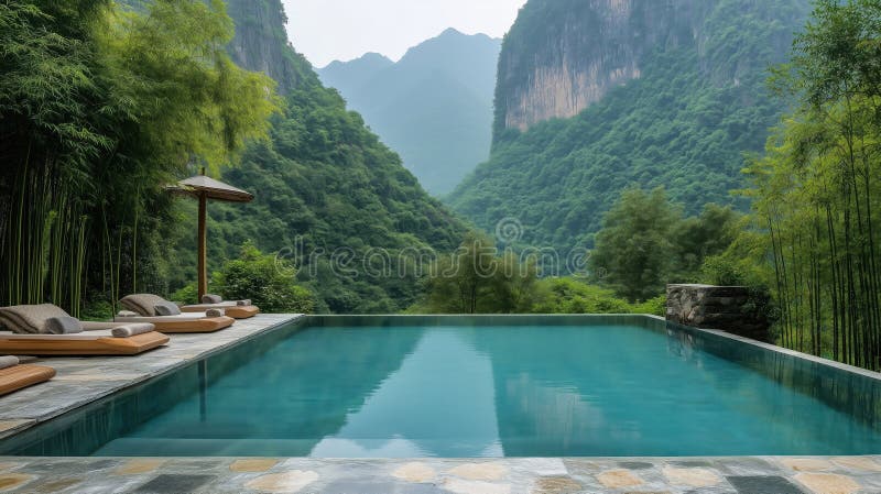 Serene Infinity Pool Overlooking Lush Mountains and Bamboo Forest Stock ...