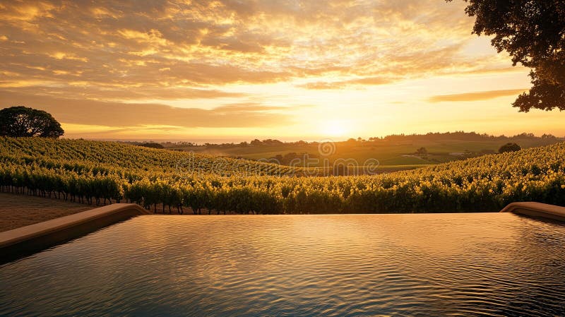 A Serene Infinity Pool Overlooking a Sprawling Vineyard Under a Golden ...