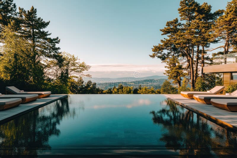 A Serene Infinity Pool Surrounded by Trees and Mountains Under a Clear ...