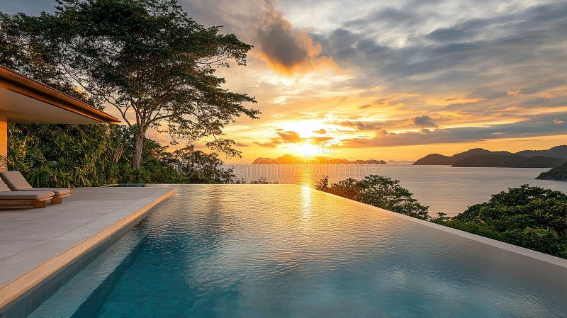 A Serene Infinity Pool with Water Blending into the Horizon at Sunset ...