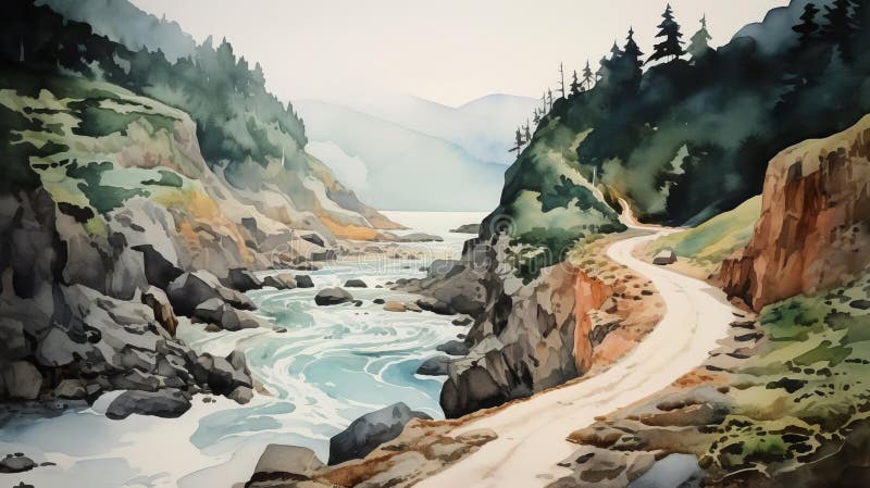 Scenic Inlet Landscape with Road and Watercolor Effect Stock ...