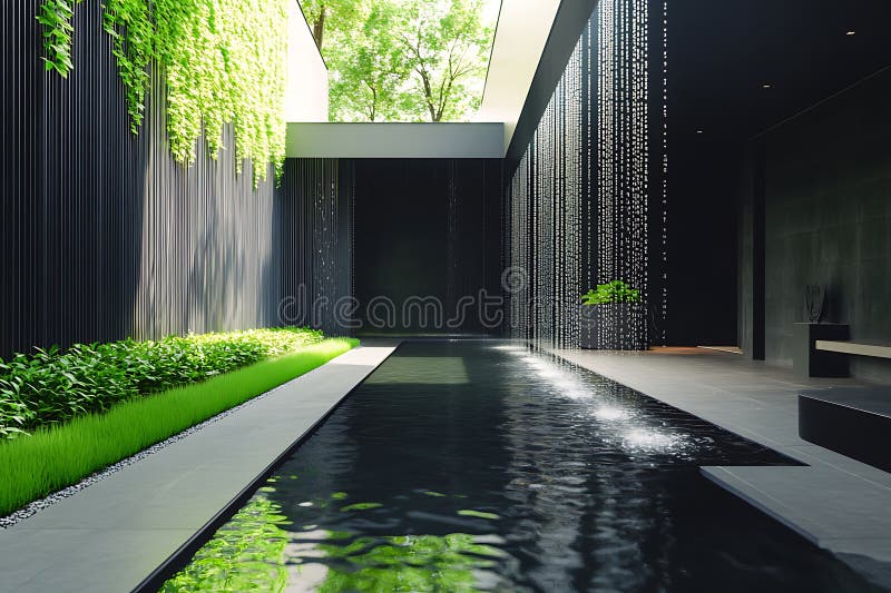 Serene Interior with Dark Pool, Waterfalls, Lush Greenery, and ...